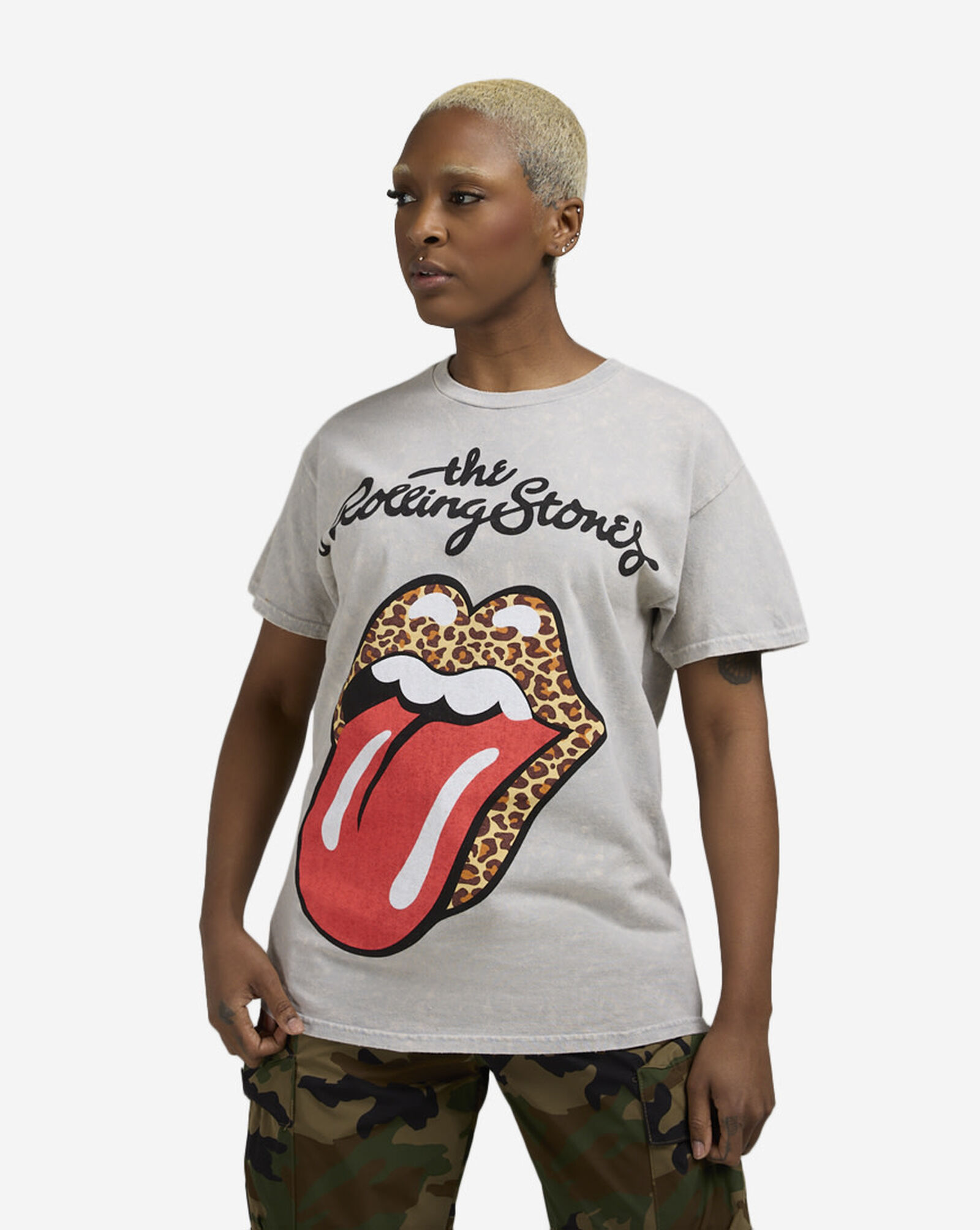 Shop Graphic Tees Rolling Stones Tongue Leopard Lips Tee RLS1100XX grey ...