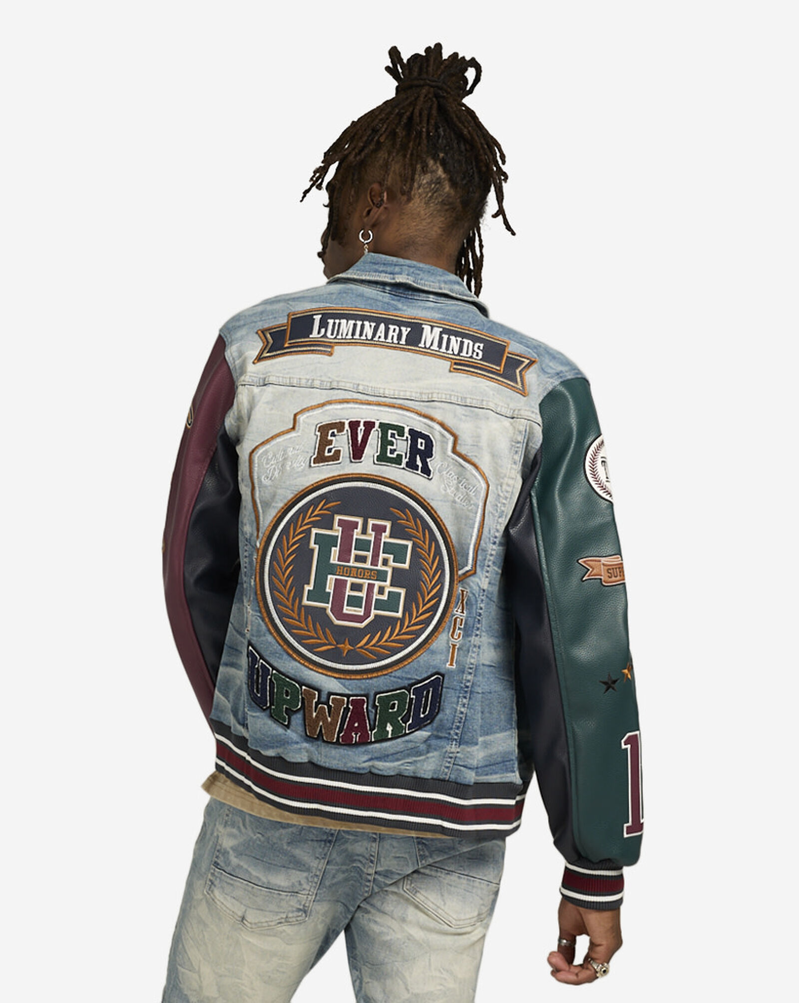 Shop Smoke Rise Varsity Sleeve Denim Jacket JJ24545SNZ-BLU blue ...