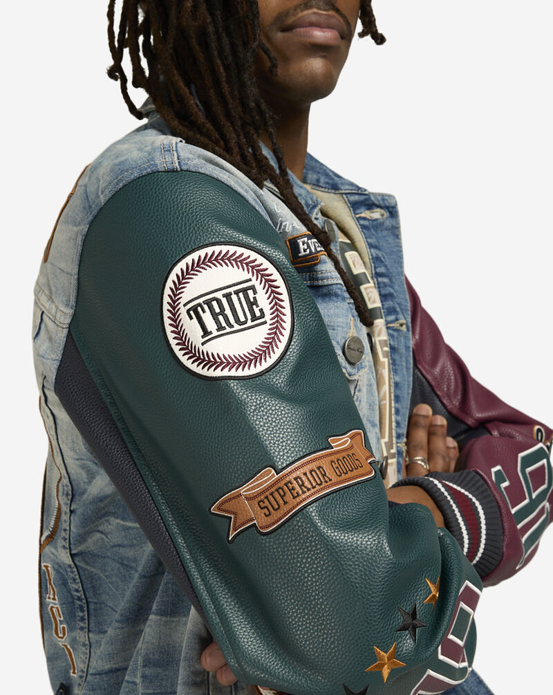 Shop Smoke Rise Varsity Sleeve Denim Jacket JJ24545SNZ-BLU blue ...