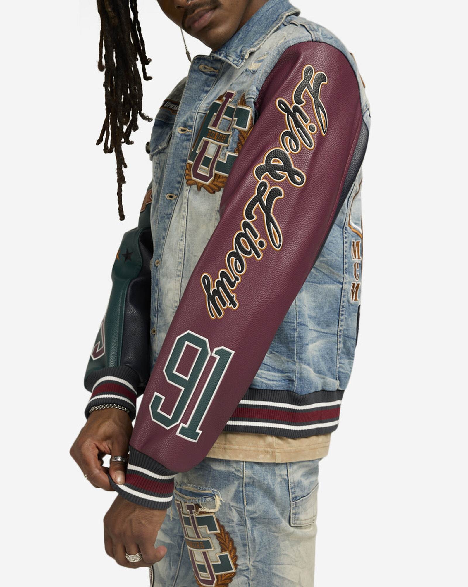 Shop Smoke Rise Varsity Sleeve Denim Jacket JJ24545SNZ-BLU blue ...