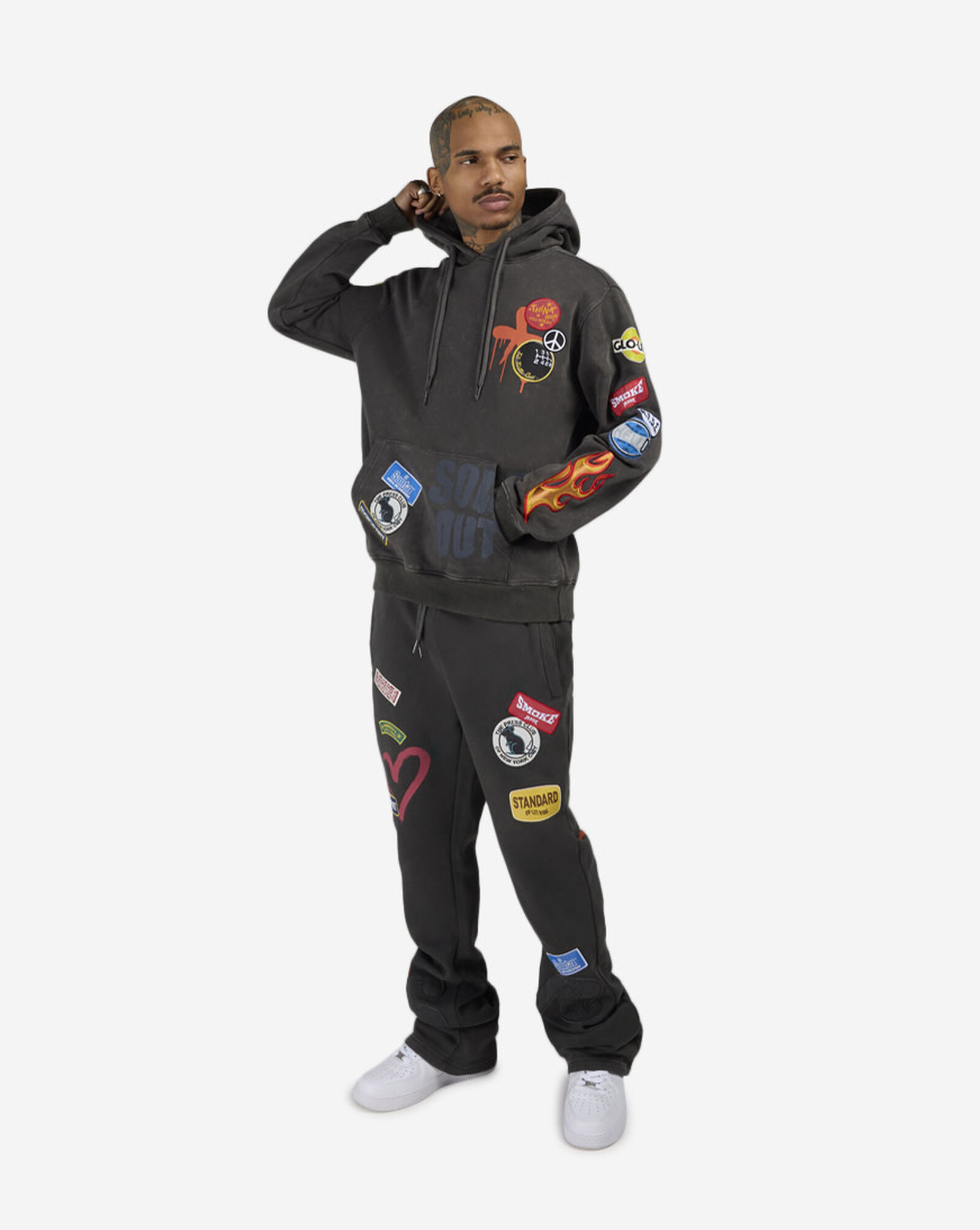 Shop Smoke Rise Multi Embroidery Patched Stacked Fleece Pants ...