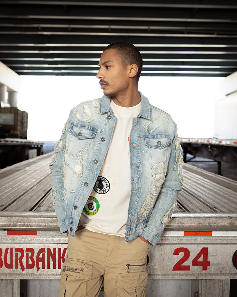 Shop Smoke Rise Cut Sewn Rip Off Leather Applique Denim Jacket ...