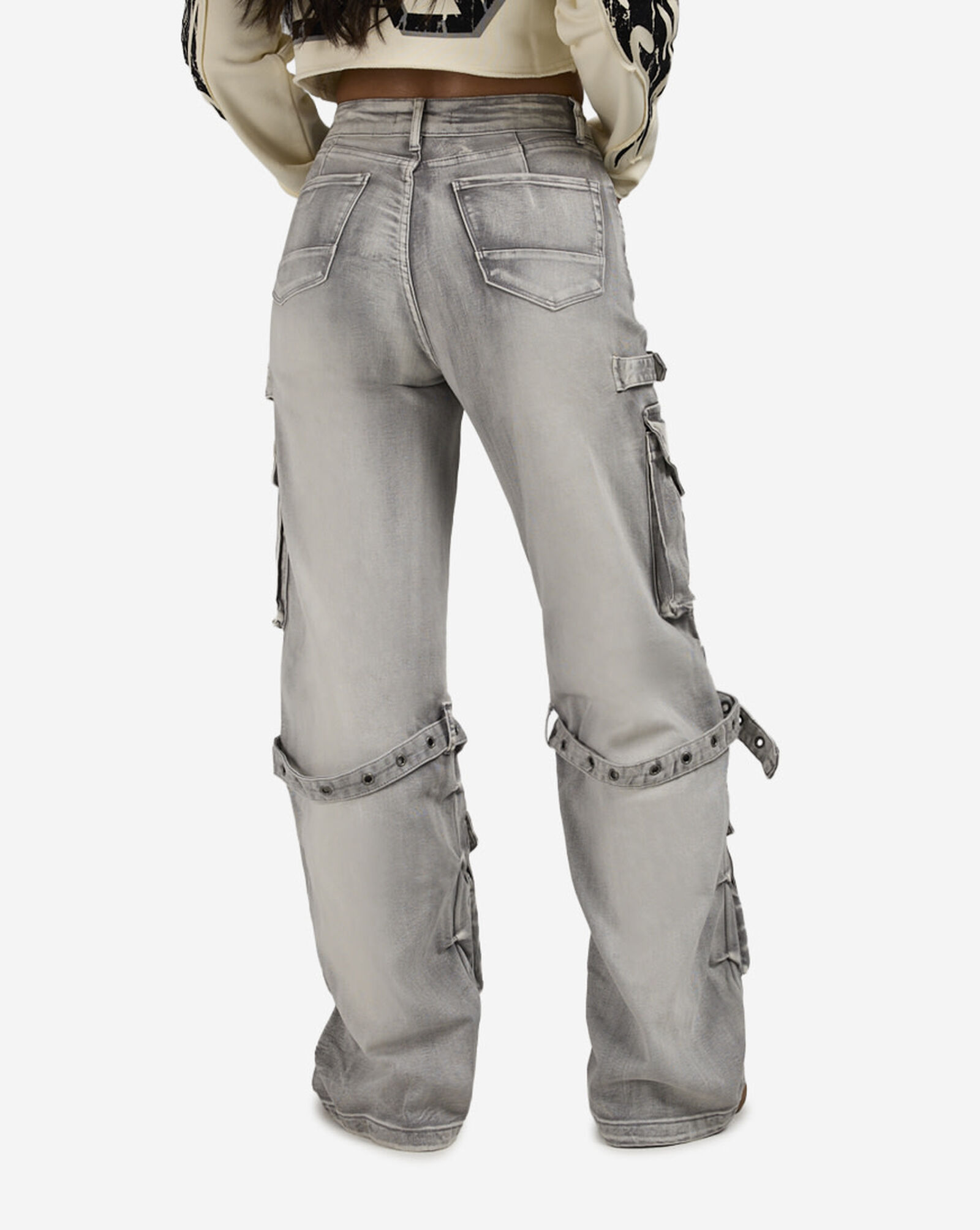 Shop Smoke Rise Wide Leg Grommet Cargo Denim Jeans AP25705SN-RG grey ...