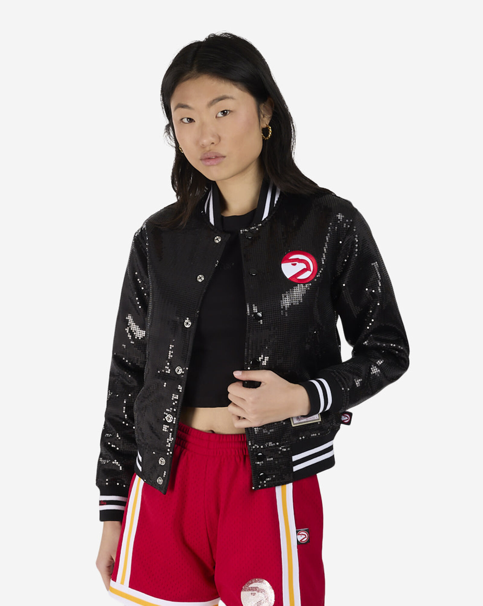 Shop Mitchell Ness Atlanta Hawks NBA Sequin Varsity Jacket JK6831-AHABLCK black | SNIPES USA