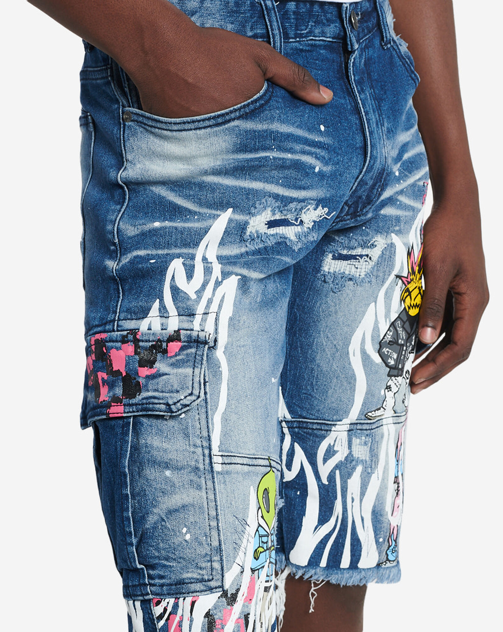 Shop Smoke Rise Cargo Art Doodle Denim Shorts JS22116J-PB blue | SNIPES USA