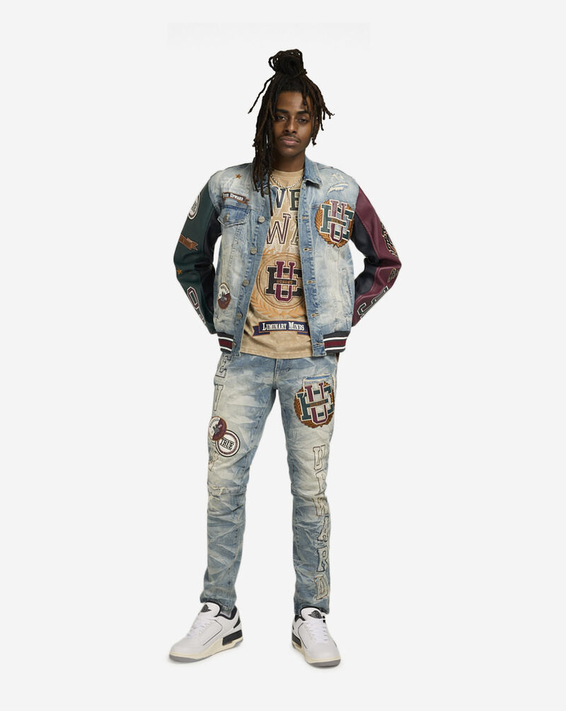 Shop Smoke Rise Varsity Sleeve Denim Jacket JJ24545SNZ-BLU blue ...